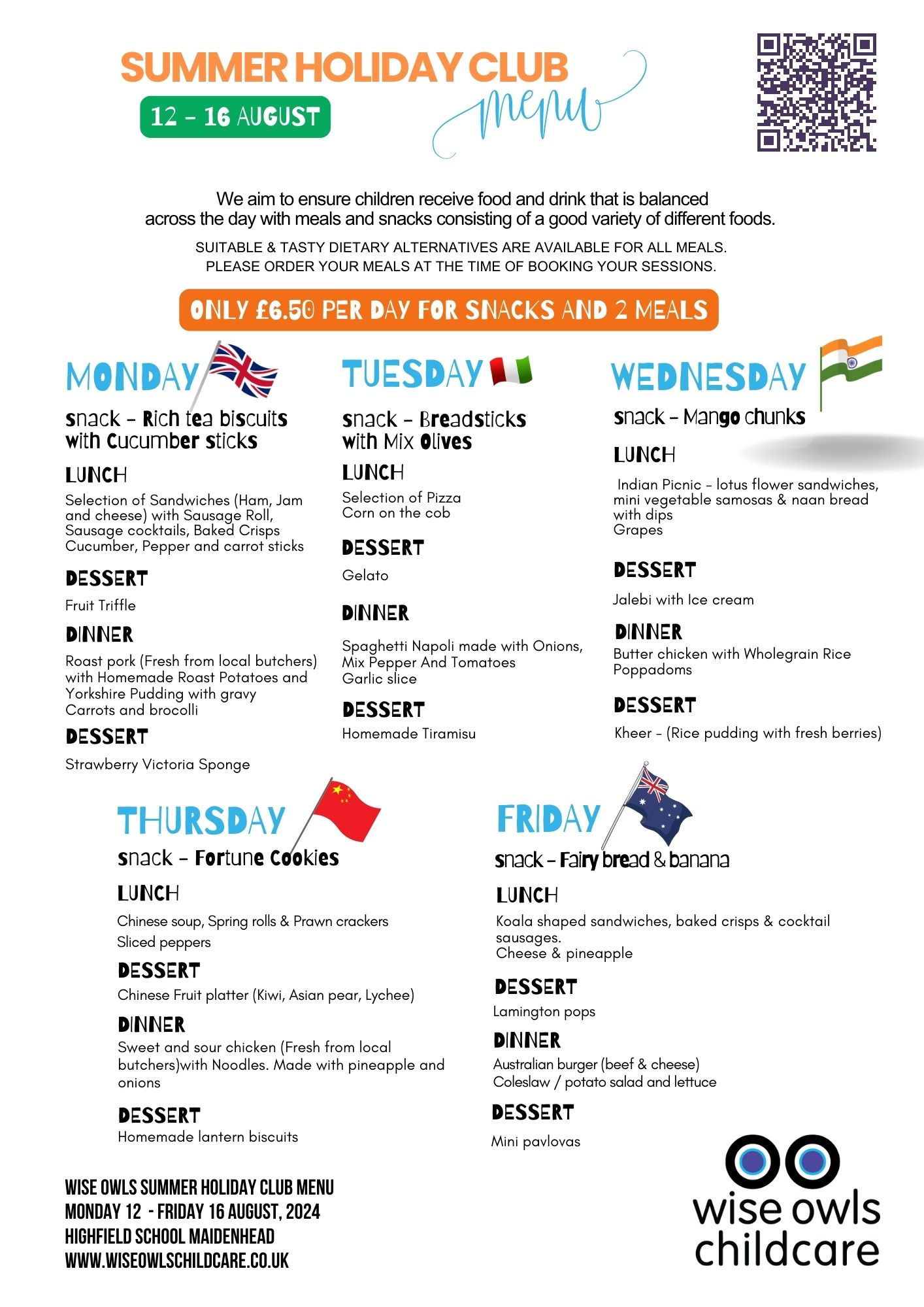 Menus Holiday Club - Wise Owls Childcare