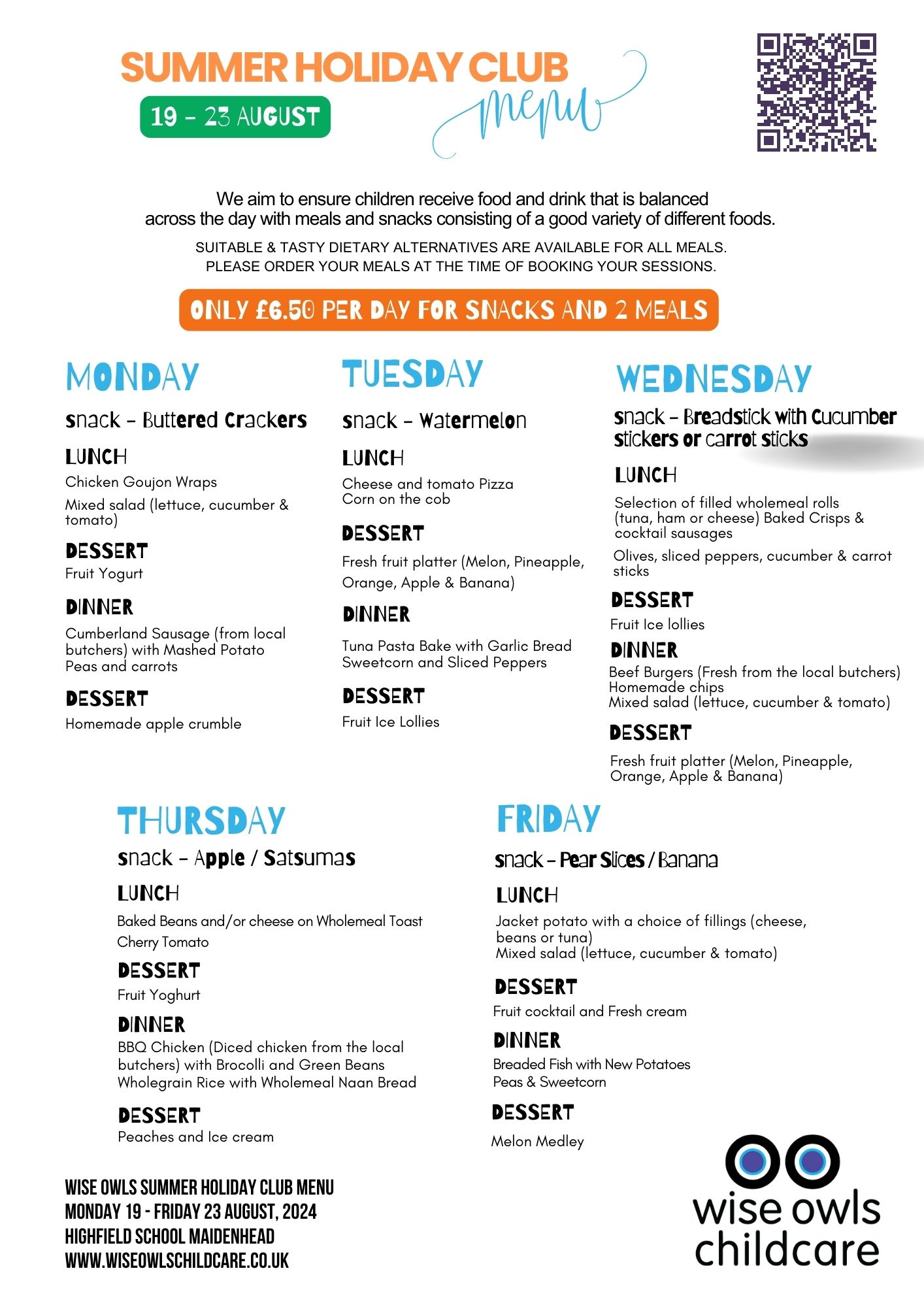 Menus Holiday Club - Wise Owls Childcare