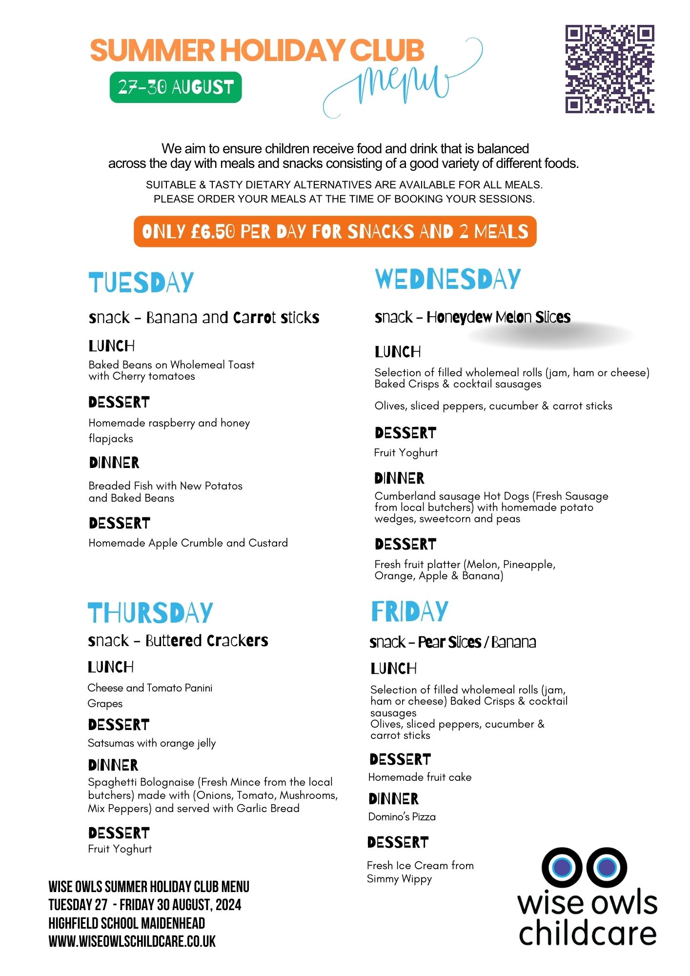 Menus Holiday Club - Wise Owls Childcare