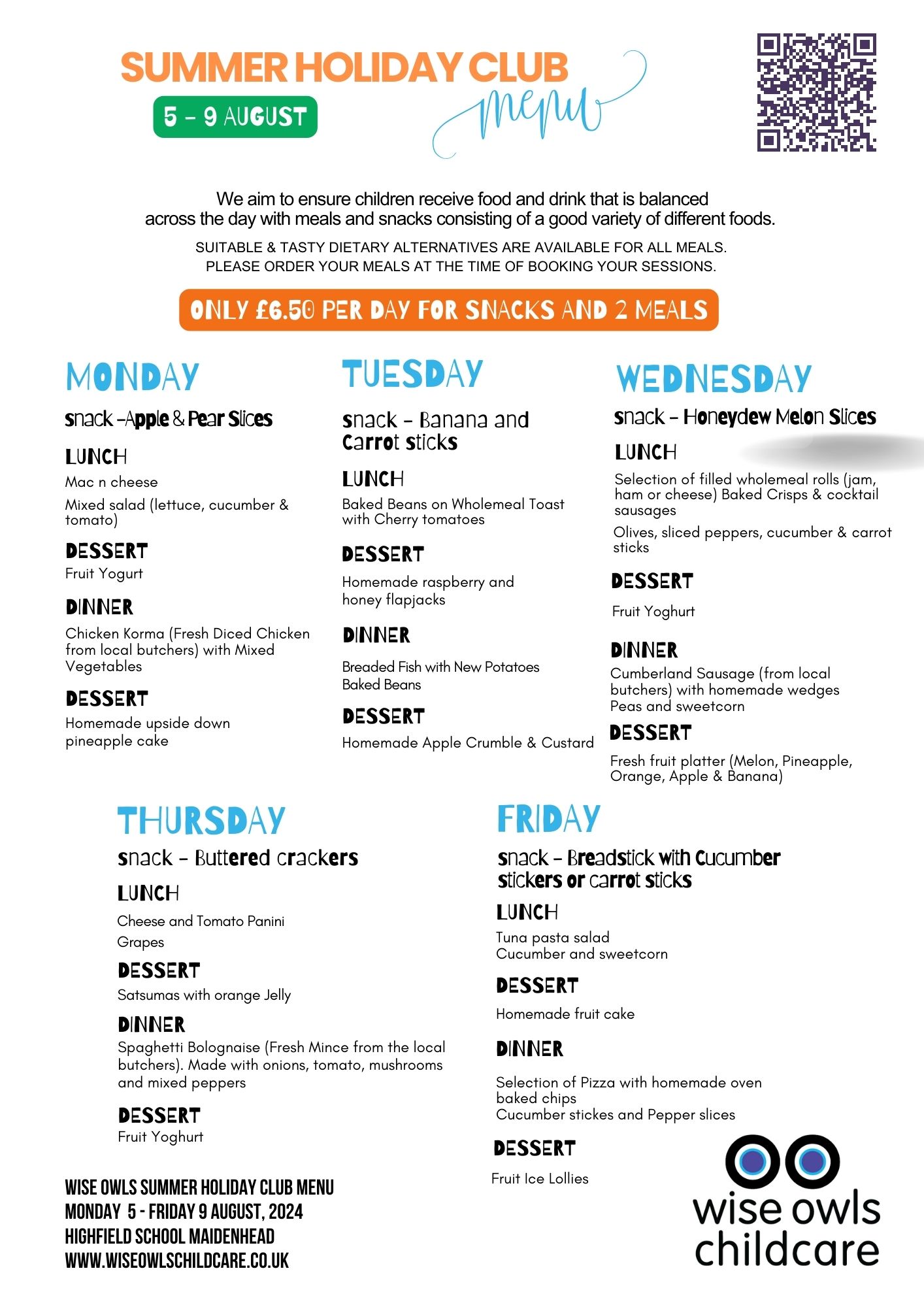 Menus Holiday Club - Wise Owls Childcare